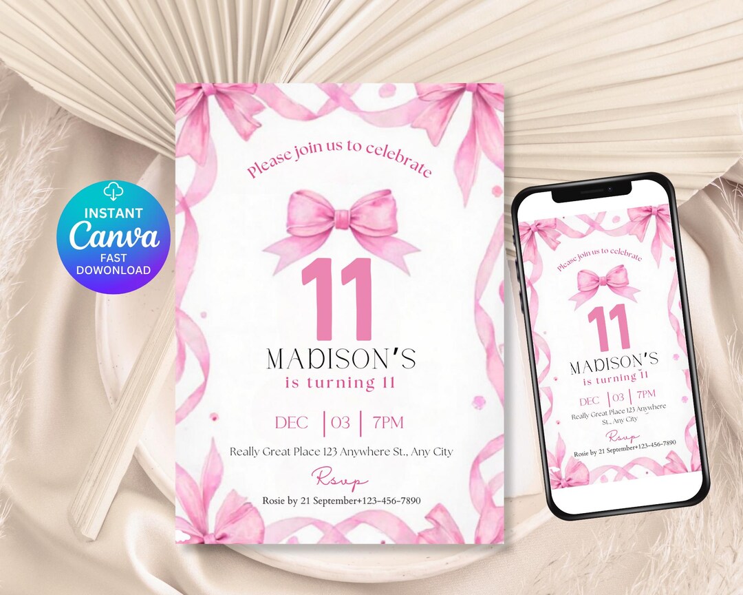 Pink Bow Birthday Invitation, Girls 11th Birthday Invitation Template ...