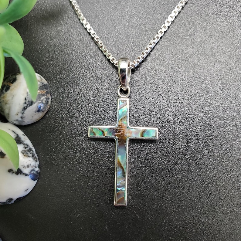 Z-192 | Dainty Abalone Shell Inlay Cross Necklace Pendant Option Silver ...