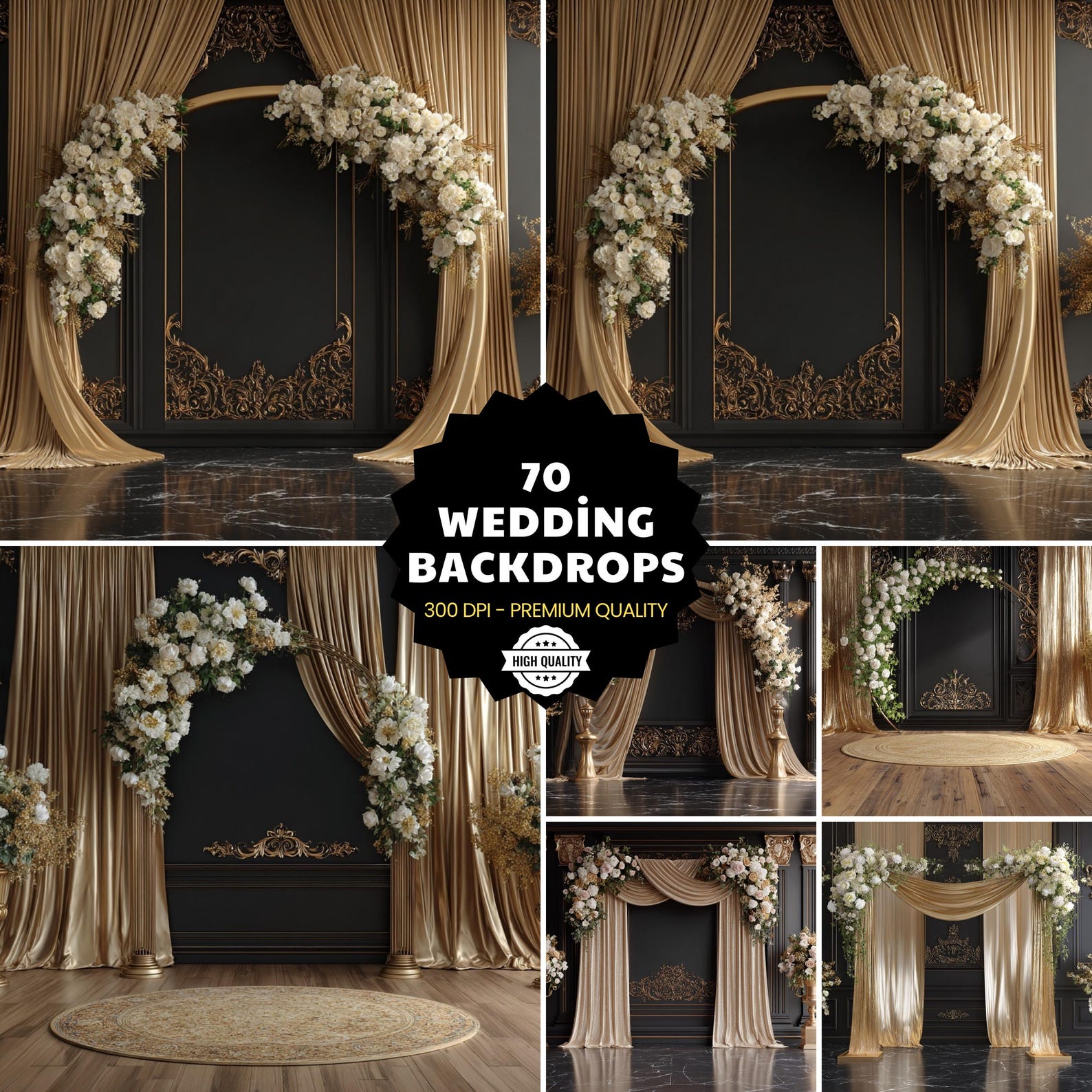 70 Romantic Wedding Backdrops – Luxury Gold & Black Floral Arch Digital ...