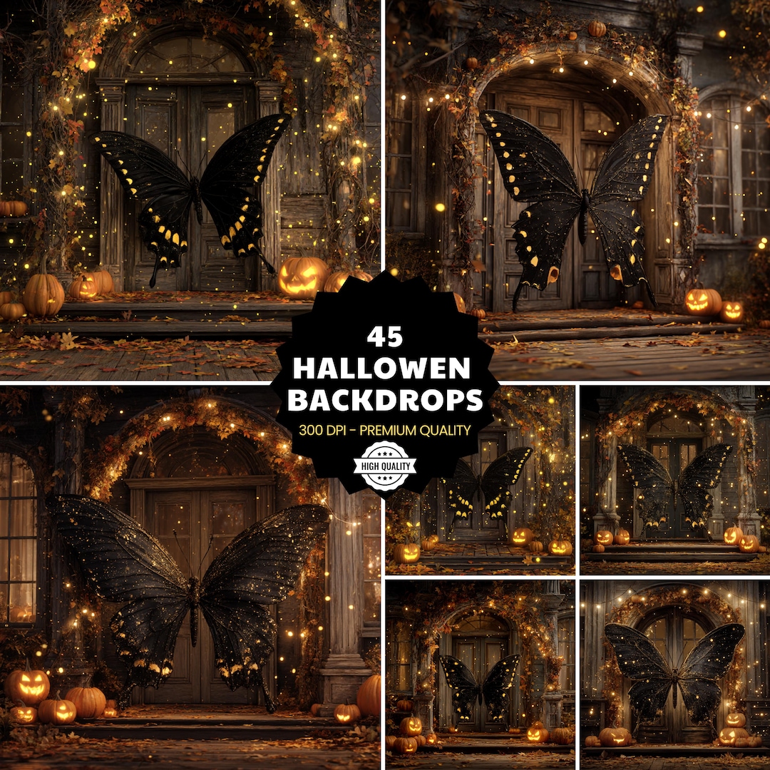 45 Halloween Digital Backdrops: Black Butterfly Pumpkin, Spooky Porch ...