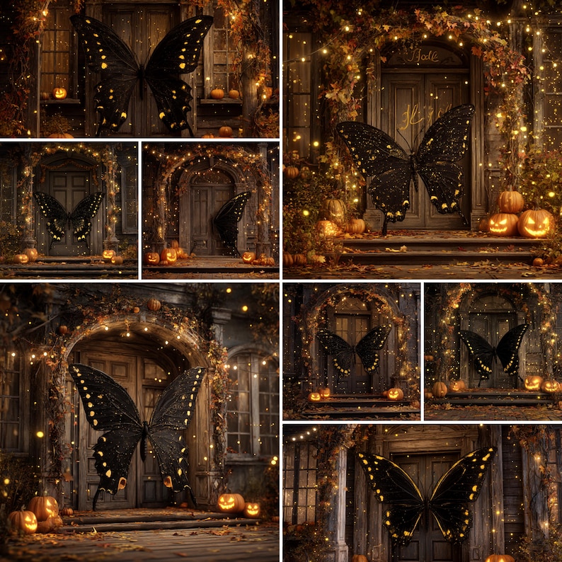 45 Halloween Digital Backdrops: Black Butterfly Pumpkin, Spooky Porch ...