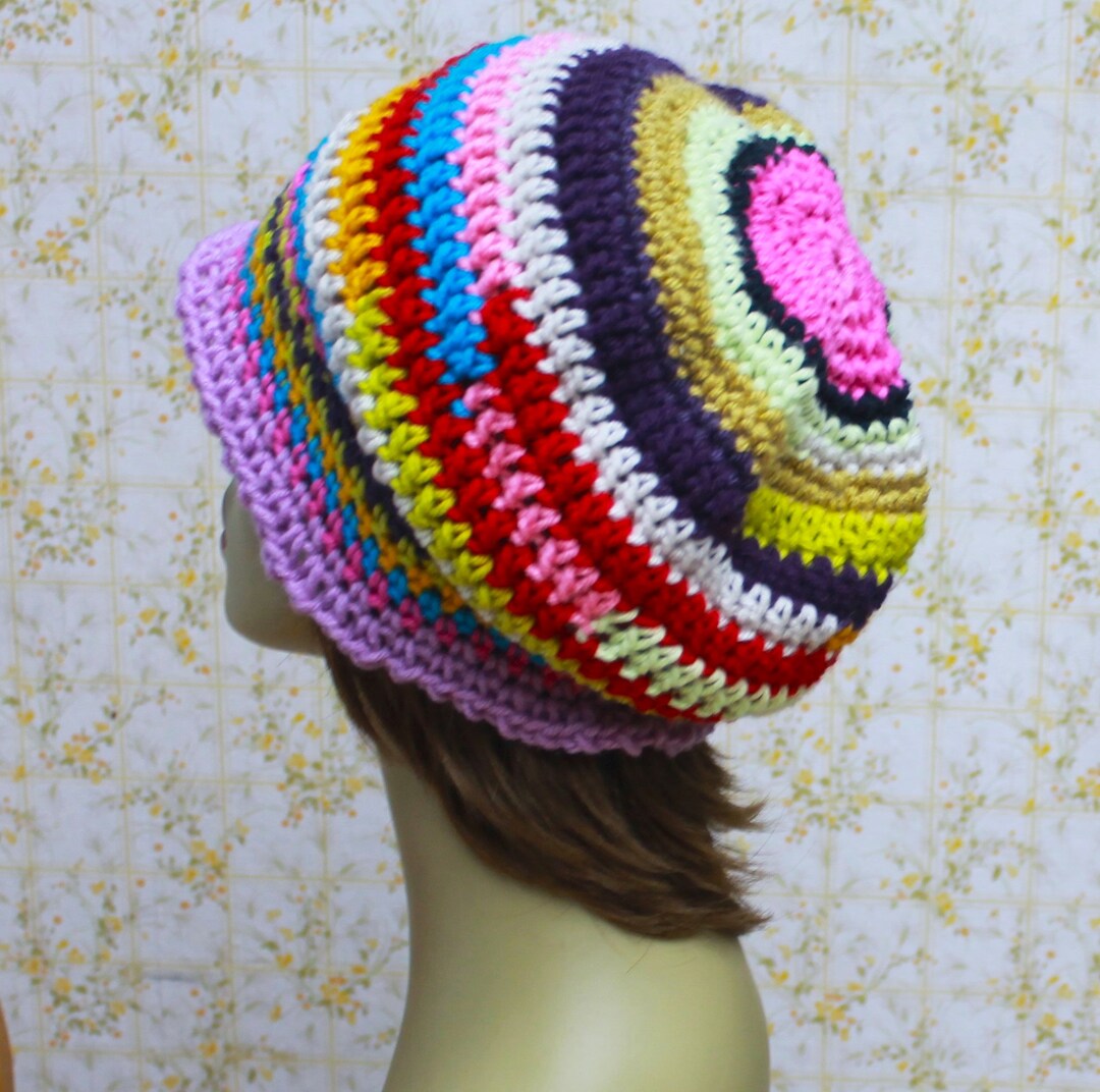 Slouchy Hat Colorful Beanie Scrap-yarn, Crochet Slouchy Beanie Hat ...