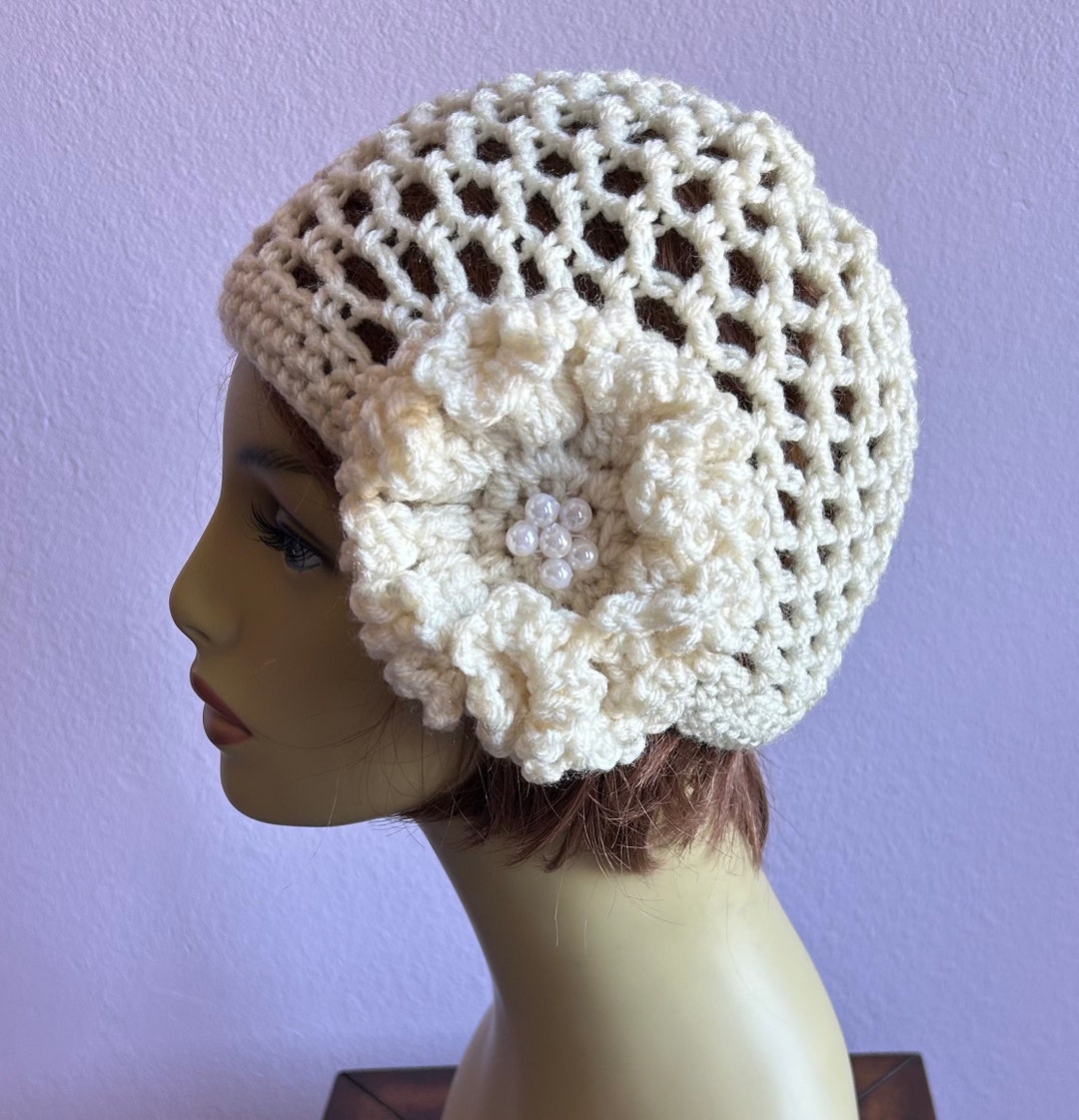 Crochet Net Cloche Hat Ivory Cream With Flower and Beads - Etsy