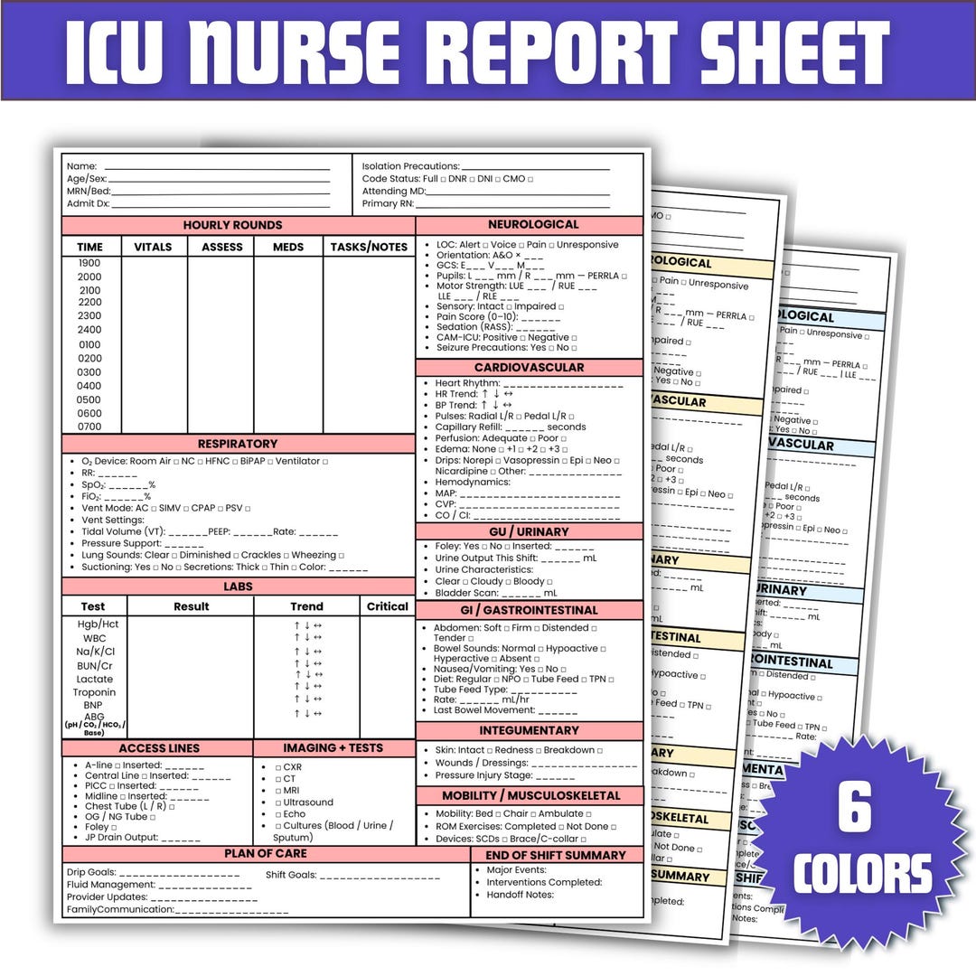 ICU Nurse Report Sheet | Hourly Rounds, Meds (PDF Printable) - Etsy