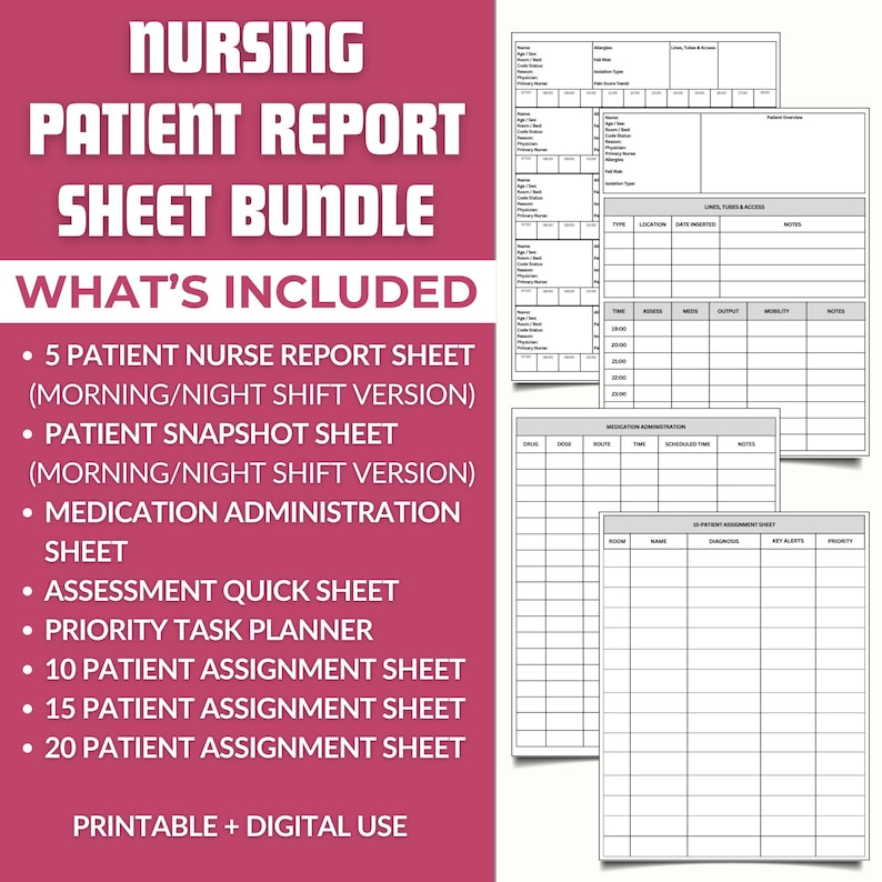 Nurse Patient Report Sheet Bundle | Nursing Assessment Templates ...