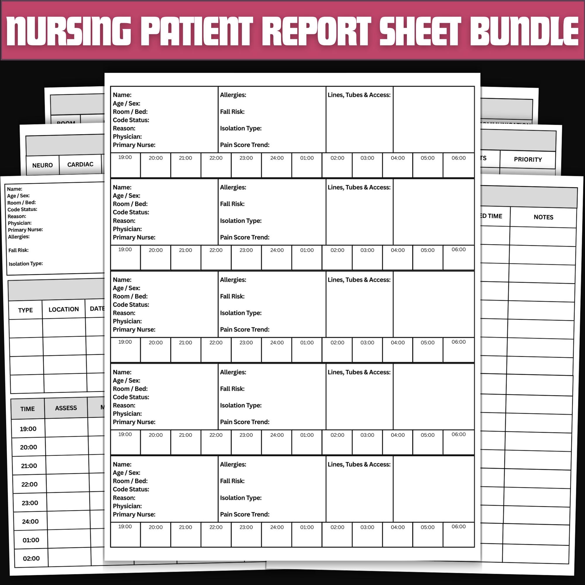 Nurse Patient Report Sheet Bundle | Nursing Assessment Templates ...