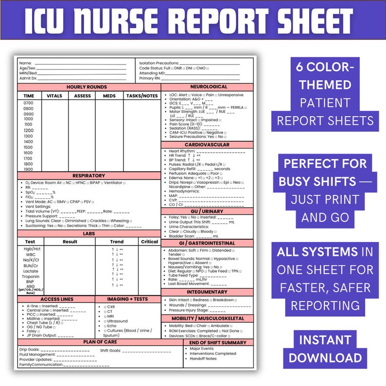 ICU Nurse Report Sheet | Hourly Rounds, Meds (PDF Printable) - Etsy
