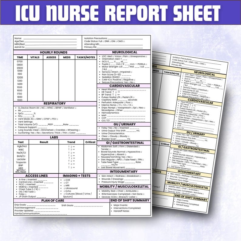 ICU Nurse Report Sheet | Hourly Rounds, Meds (PDF Printable) - Etsy