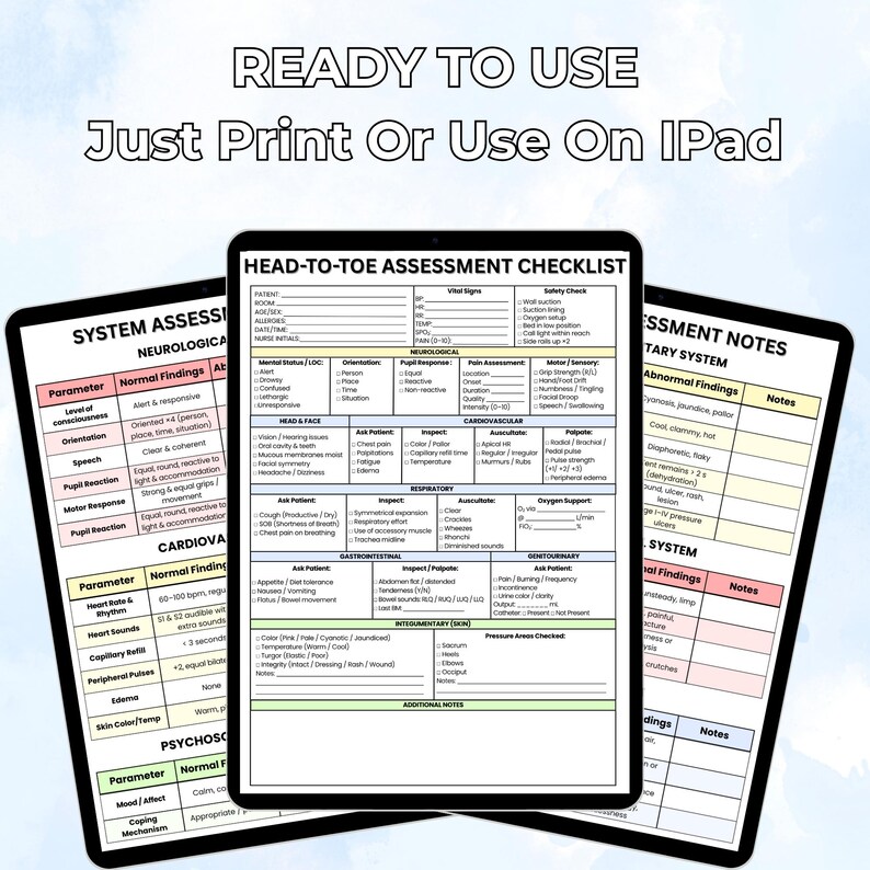 Head-to-toe Nursing Assessment Template | Digital Sheet, Clinical ...