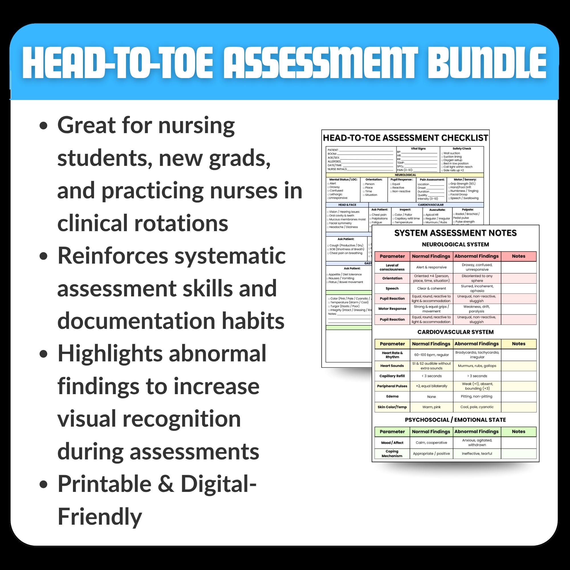 Head-to-toe Nursing Assessment Template | Digital Sheet, Clinical ...