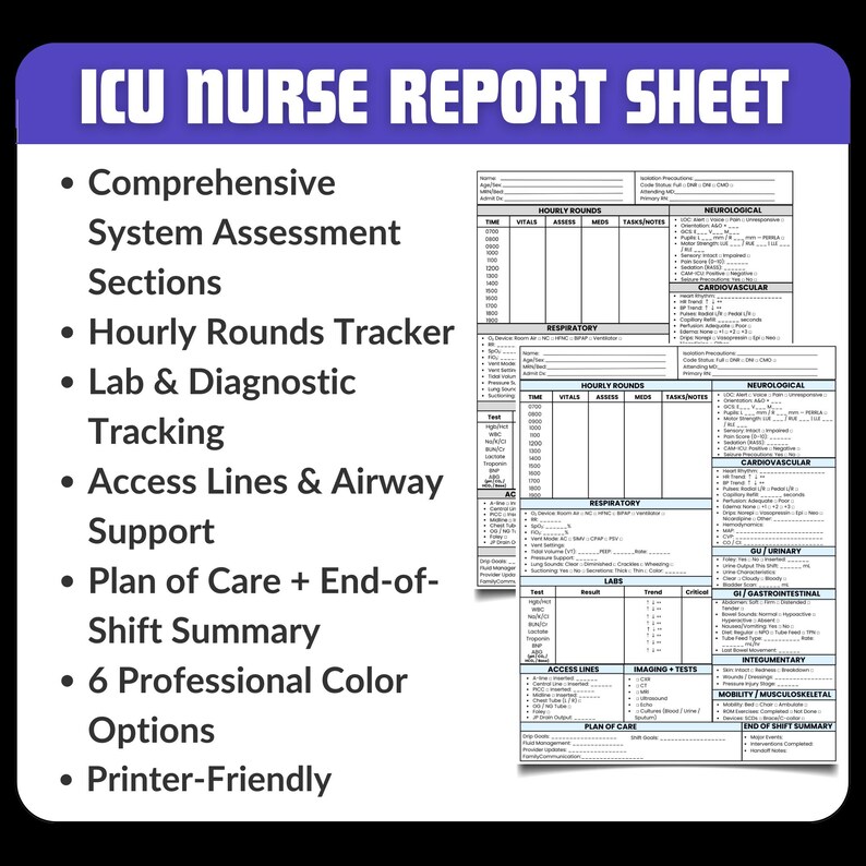 ICU Nurse Report Sheet | Hourly Rounds, Meds (PDF Printable) - Etsy