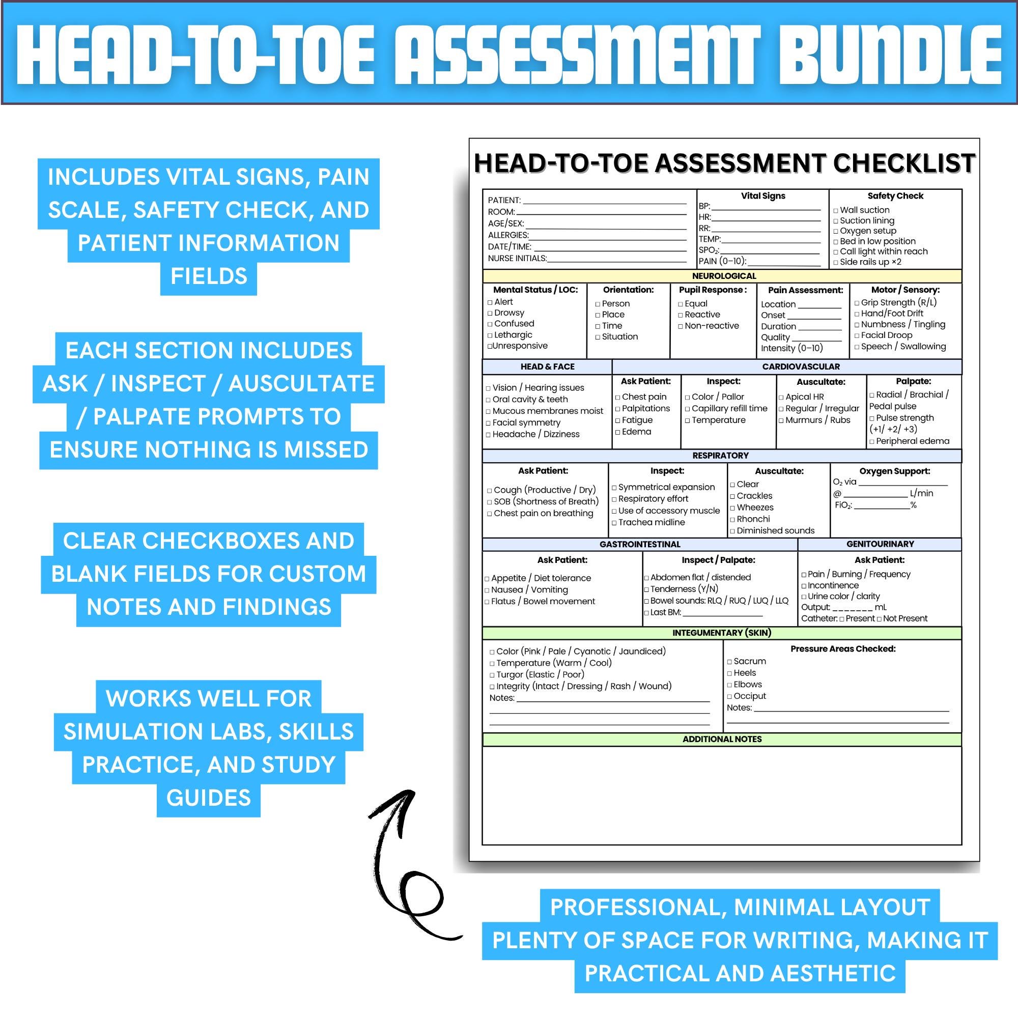 Head-to-toe Nursing Assessment Template | Digital Sheet, Clinical ...
