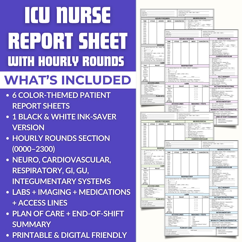 ICU Nurse Report Sheet | Hourly Rounds, Meds (PDF Printable) - Etsy