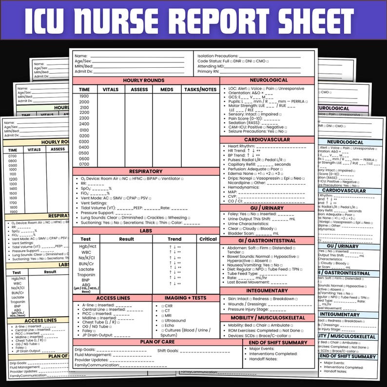 ICU Nurse Report Sheet | Hourly Rounds, Meds (PDF Printable) - Etsy