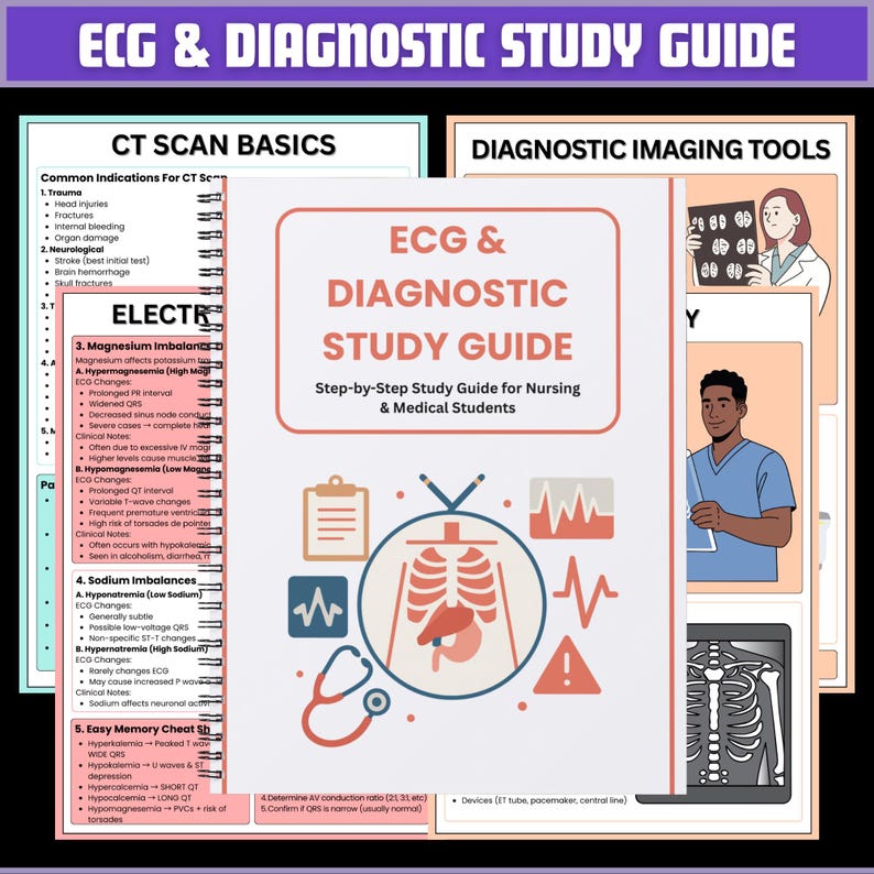 ECG & Diagnostic Imaging Study Guide | 60+ Printable Sheets | ECG ...