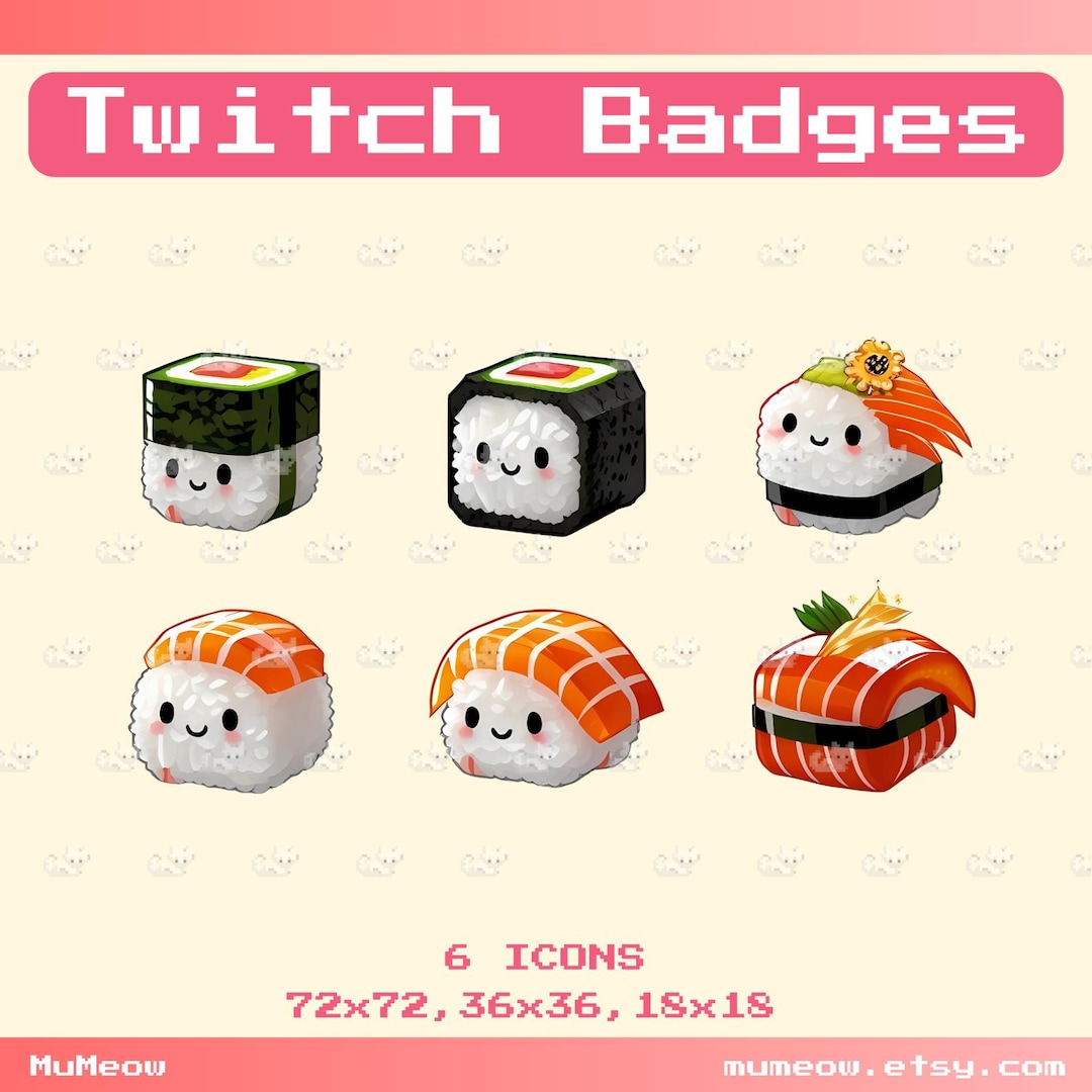 6 Sushi Twitch Sub Badges Set – Cute Sushi Themed Subscriber Badges for ...