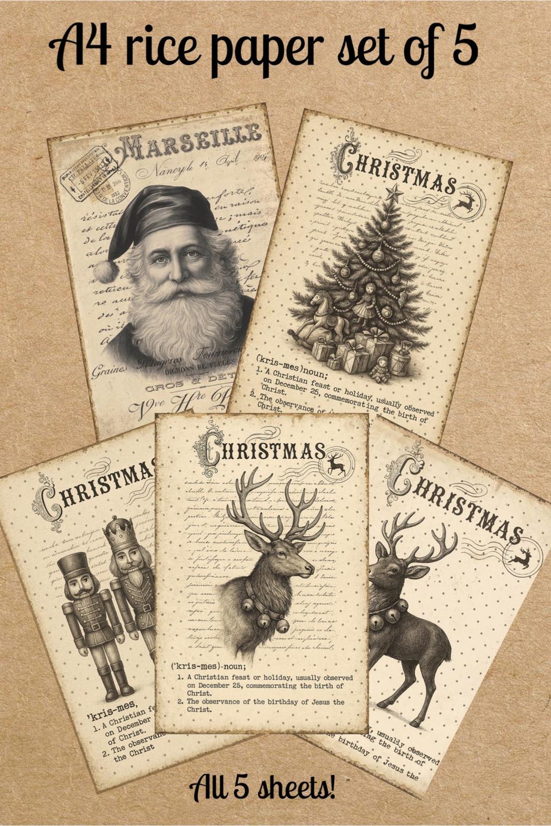 Vintage Christmas Decoupage Paper Set: Victorian Holiday Designs (5 A4 ...