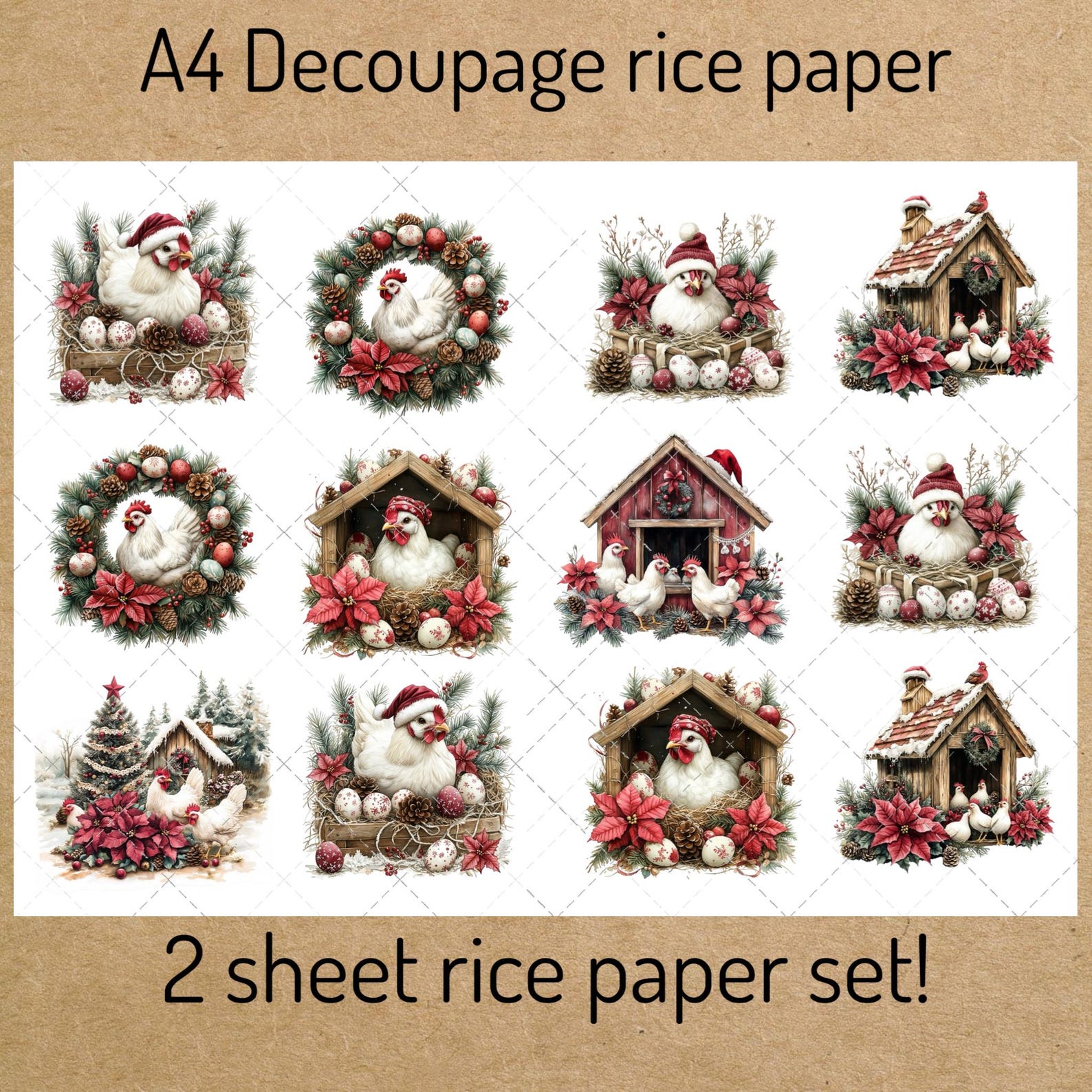 Christmas Chicken Coop Decoupage Paper: Farmhouse Holiday Rice Paper (2 ...