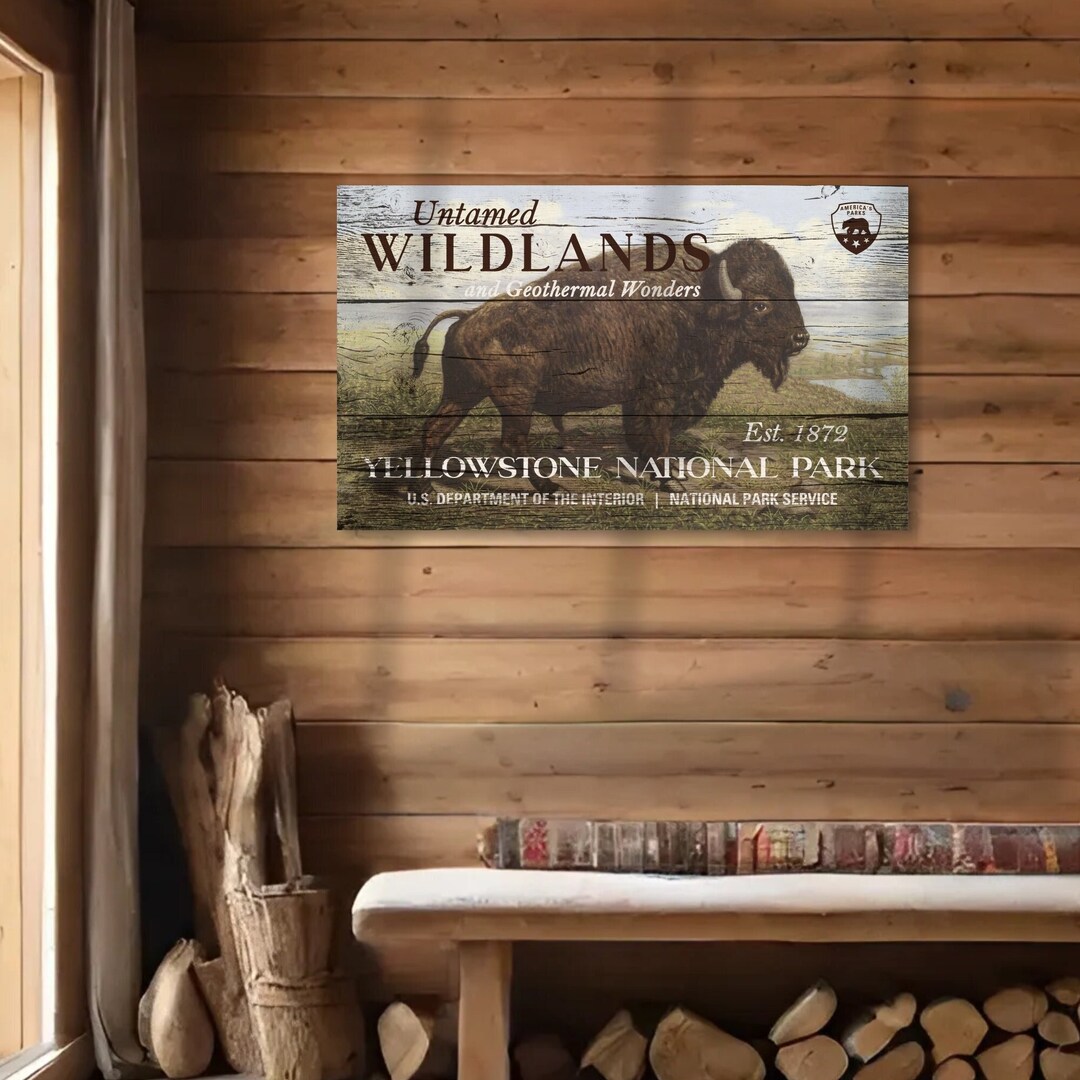 National Park Wood Sign, Yellowstone Bison, Rustic & Distressed Cabin ...