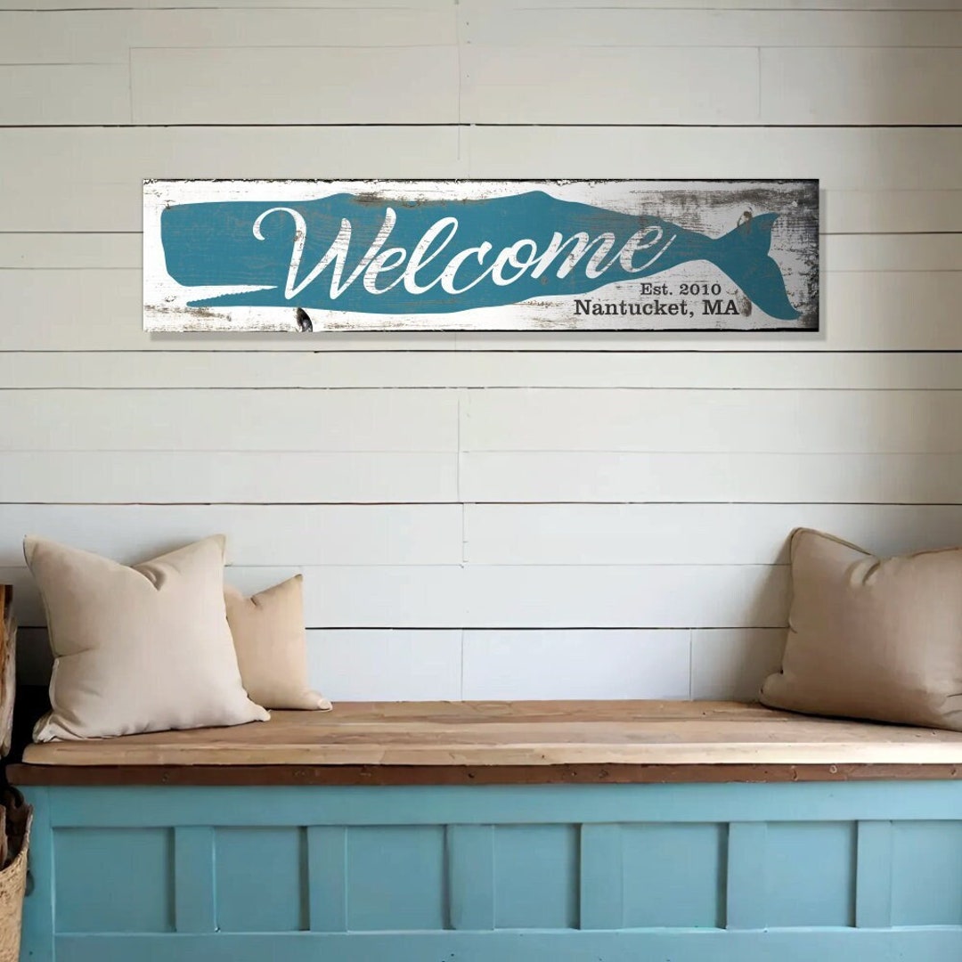 Personalized Whale Welcome Sign, Distressed Beachy Cottage - Nautical ...