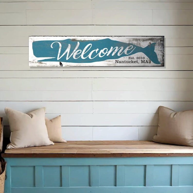 Personalized Whale Welcome Sign, Distressed Beachy Cottage - Nautical ...