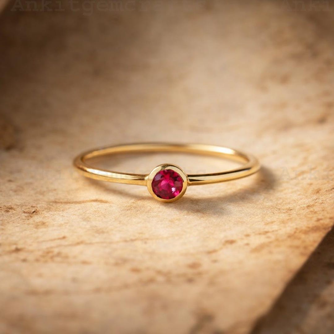 14K Gold Tiny Ruby Ring, Red Stone Ring, 14K Stacking Ring, July ...