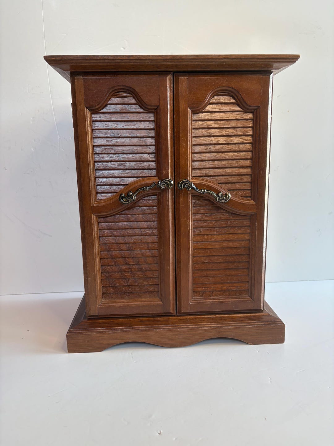 Vintage Wooden Jewelry Armoire With Louvered Doors and Multiple Drawers ...