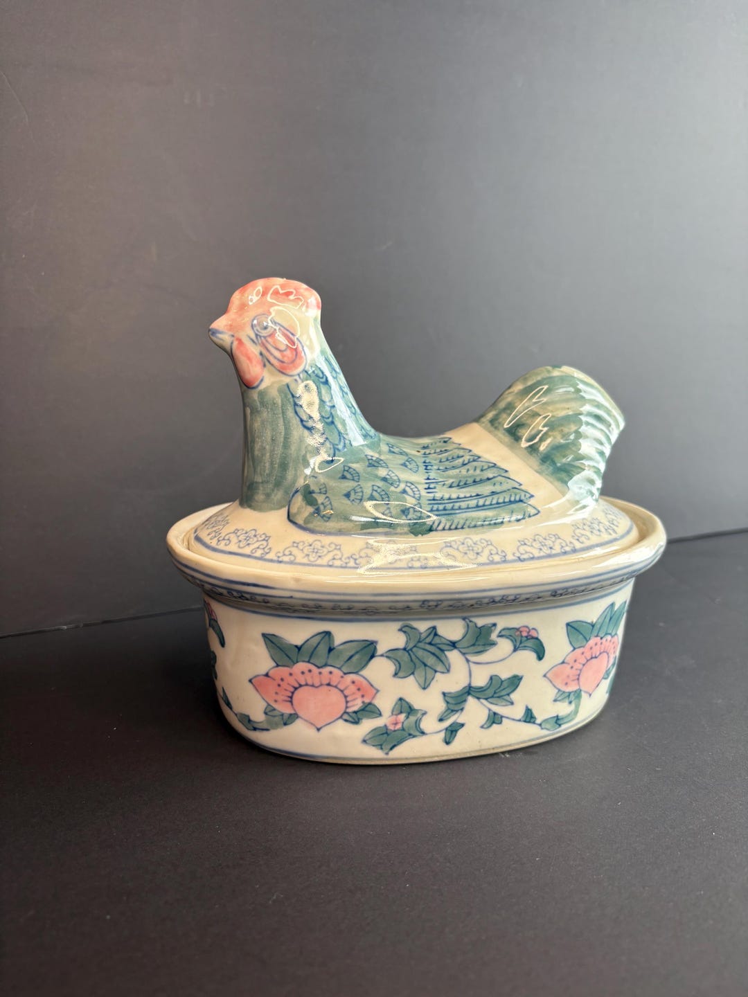 Vintage Ceramic Hen-shaped Lidded Dish With Blue, White, and Pink ...