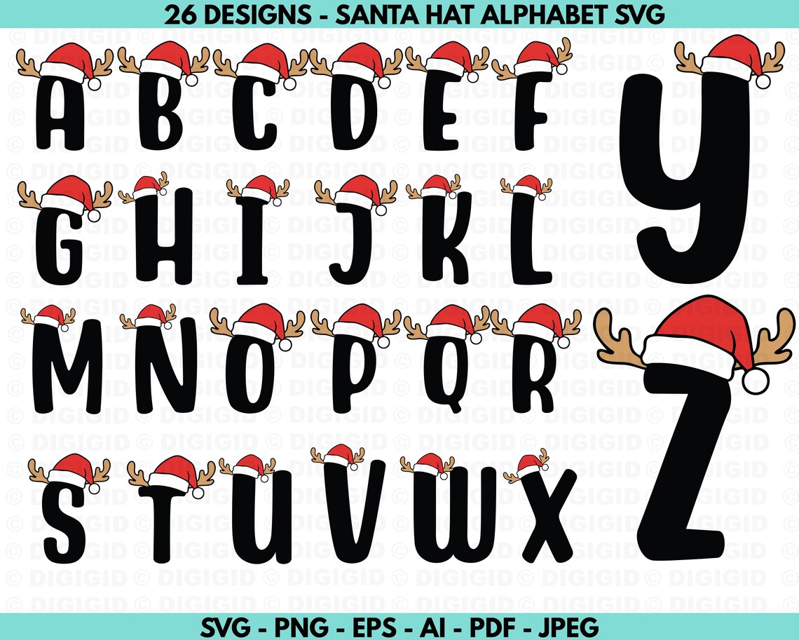 Santa Hat Alphabet SVG, Christmas Letters Bundle, Reindeer Antlers Font ...