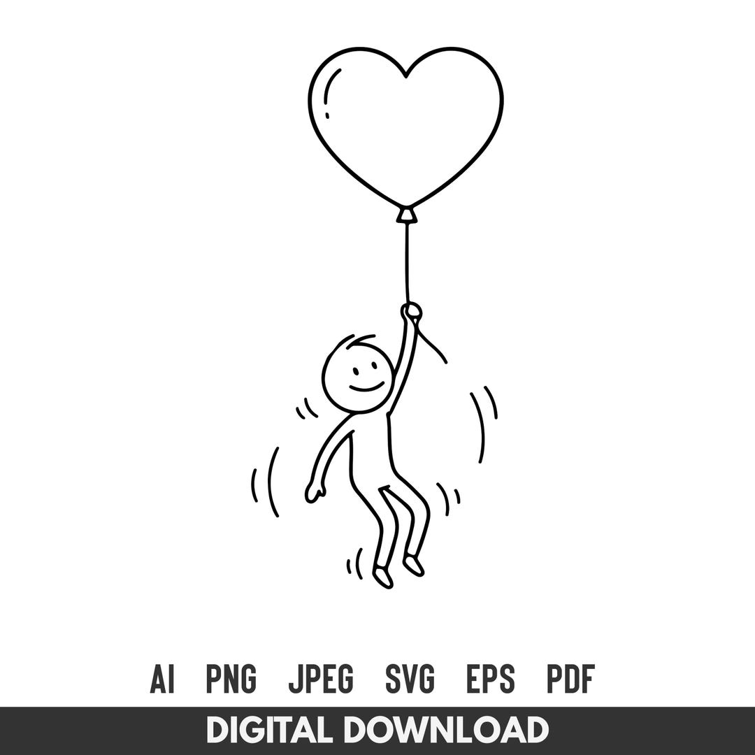 Stick Figure Floating With Heart Balloon Svg Png: Minimal Love Line Art ...