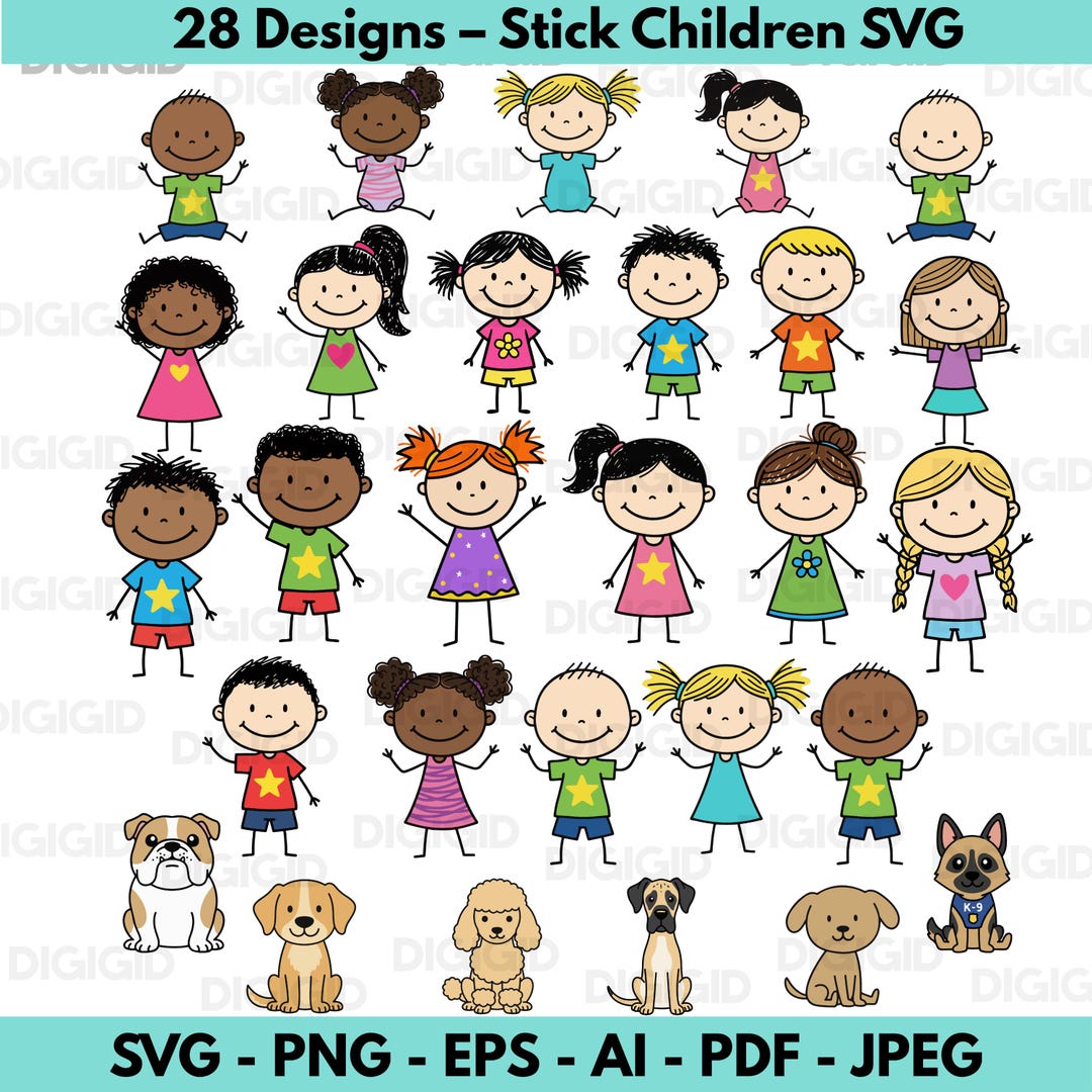 Stick Children Svg Bundle, Stick Kids Clipart, Stick Boy Girl Svg ...