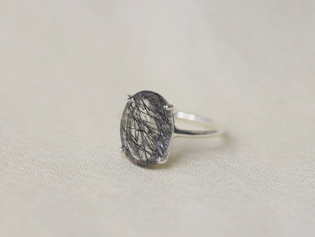14x10 Oval Tourmalinated Quartz Solitaire Ring, Faceted Black Rutilated ...