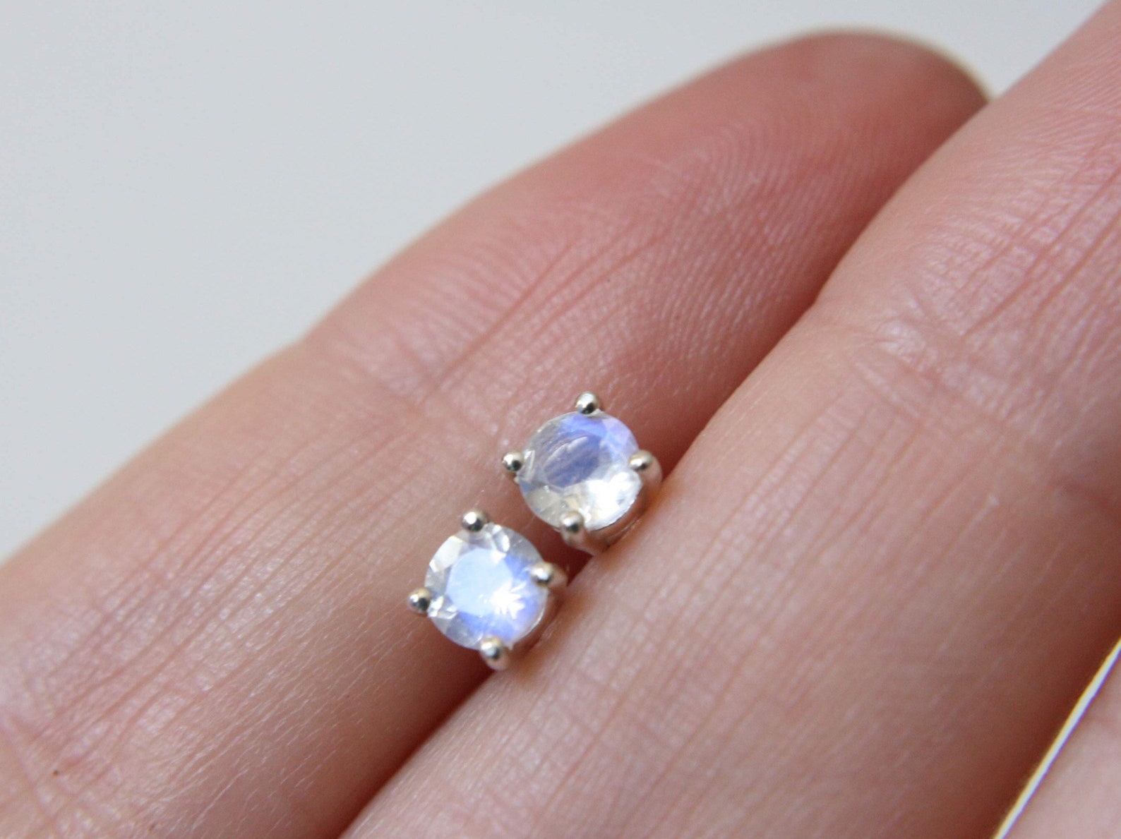 Moonstone Stud Earrings, 4mm Round Moonstone Studs, Faceted Moonstone ...