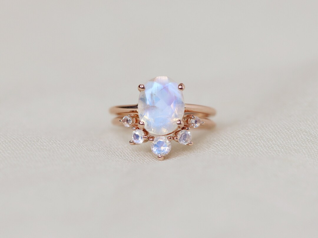 Moonlight Bridal Ring Set, Moonstone Stacking Rings, Rainbow Moonstone ...