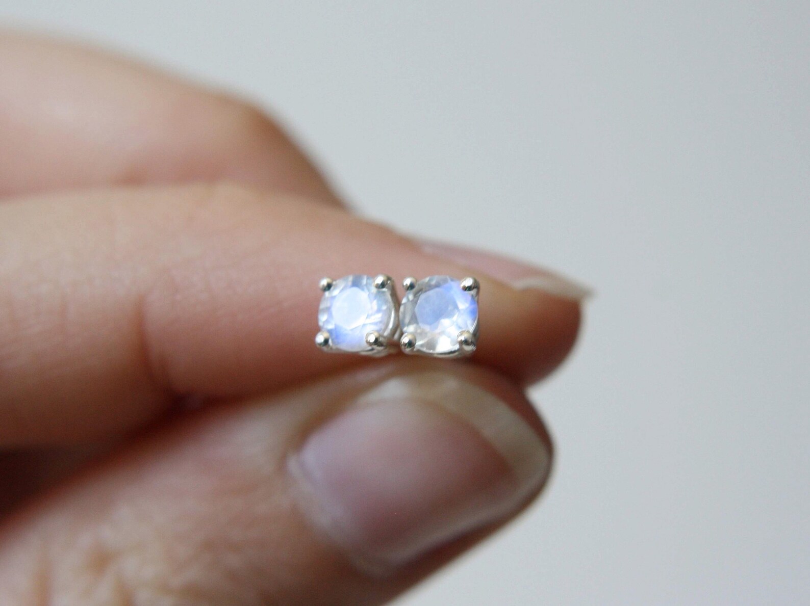 Moonstone Stud Earrings, 4mm Round Moonstone Studs, Faceted Moonstone ...