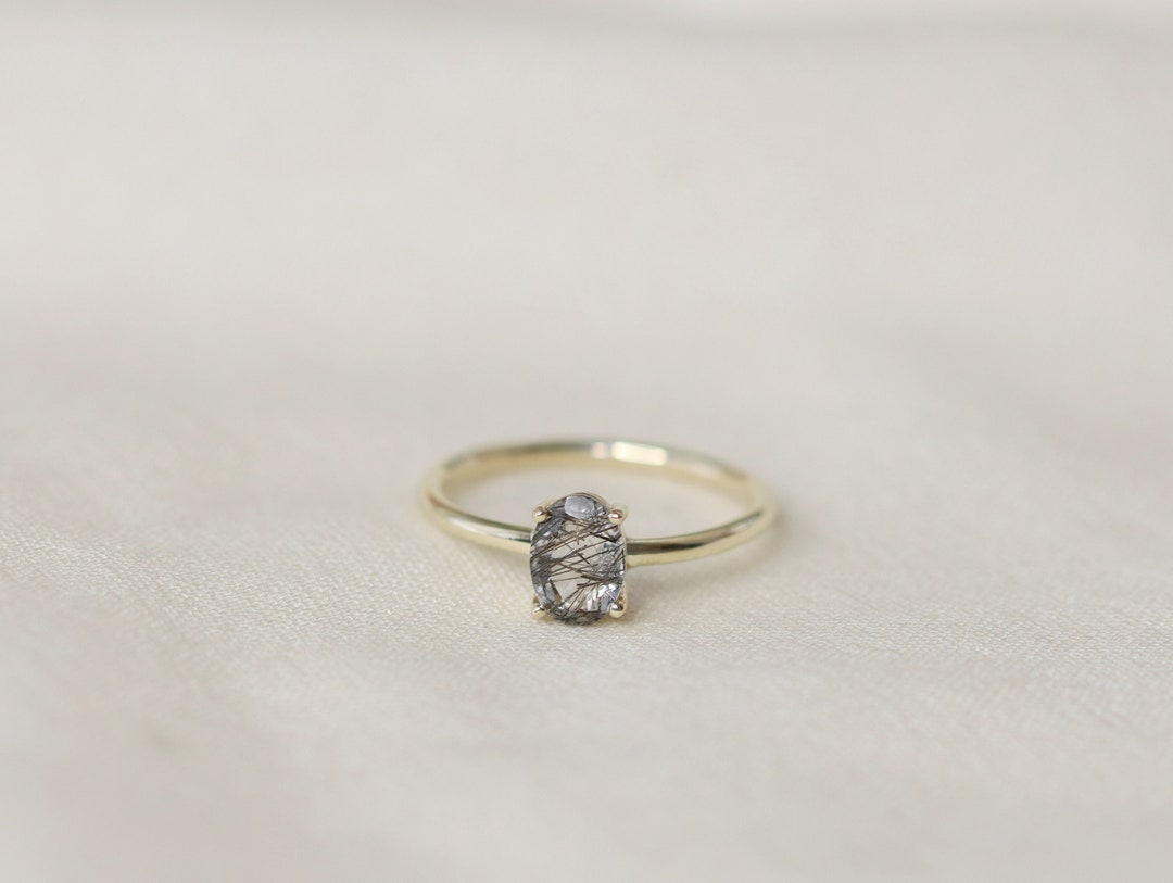7x5 Oval Tourmalinated Quartz Solitaire Ring, Black Rutilated Quartz ...