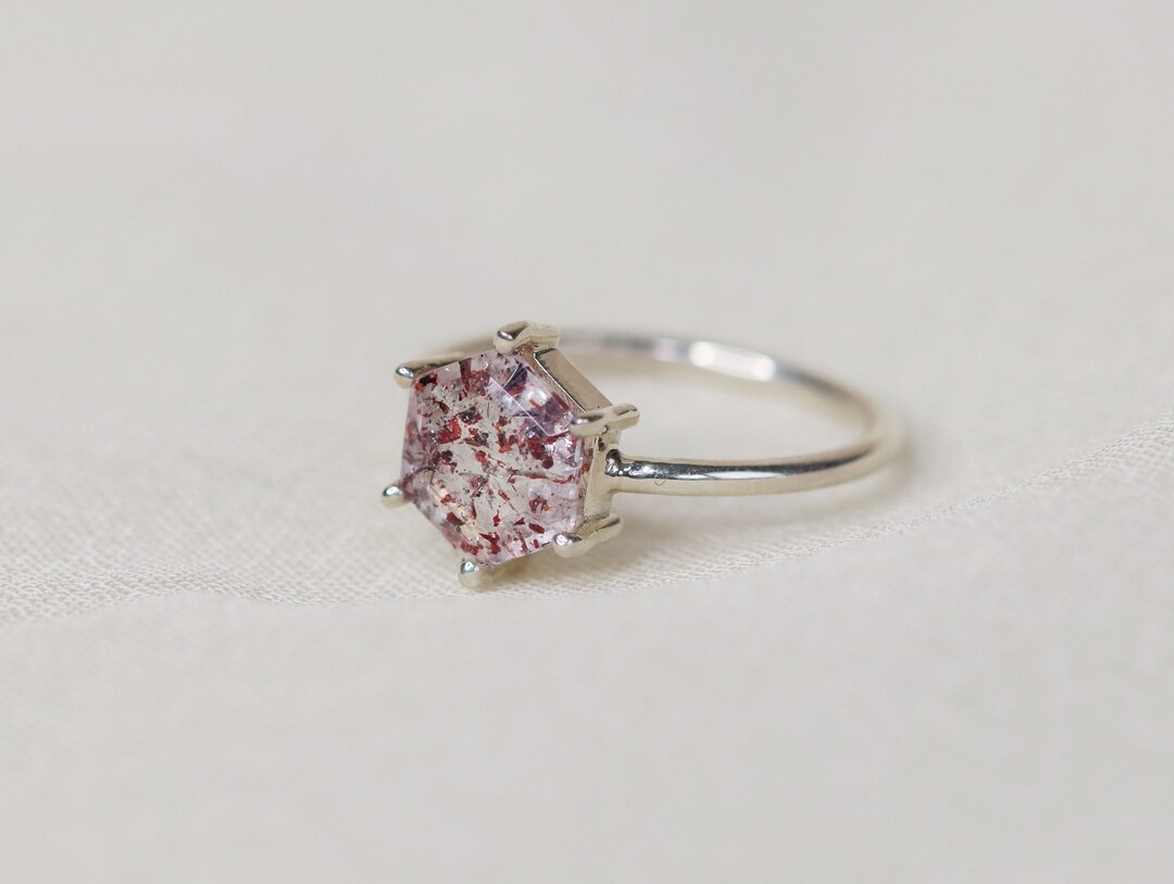 8mm Hexagon Fire Quartz Solitaire Ring, Strawberry Quartz Ring, Super 7 ...