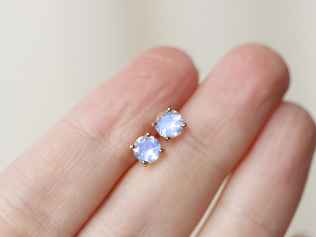 Moonstone Stud Earrings, 5mm Round Moonstone Studs, Faceted Moonstone ...