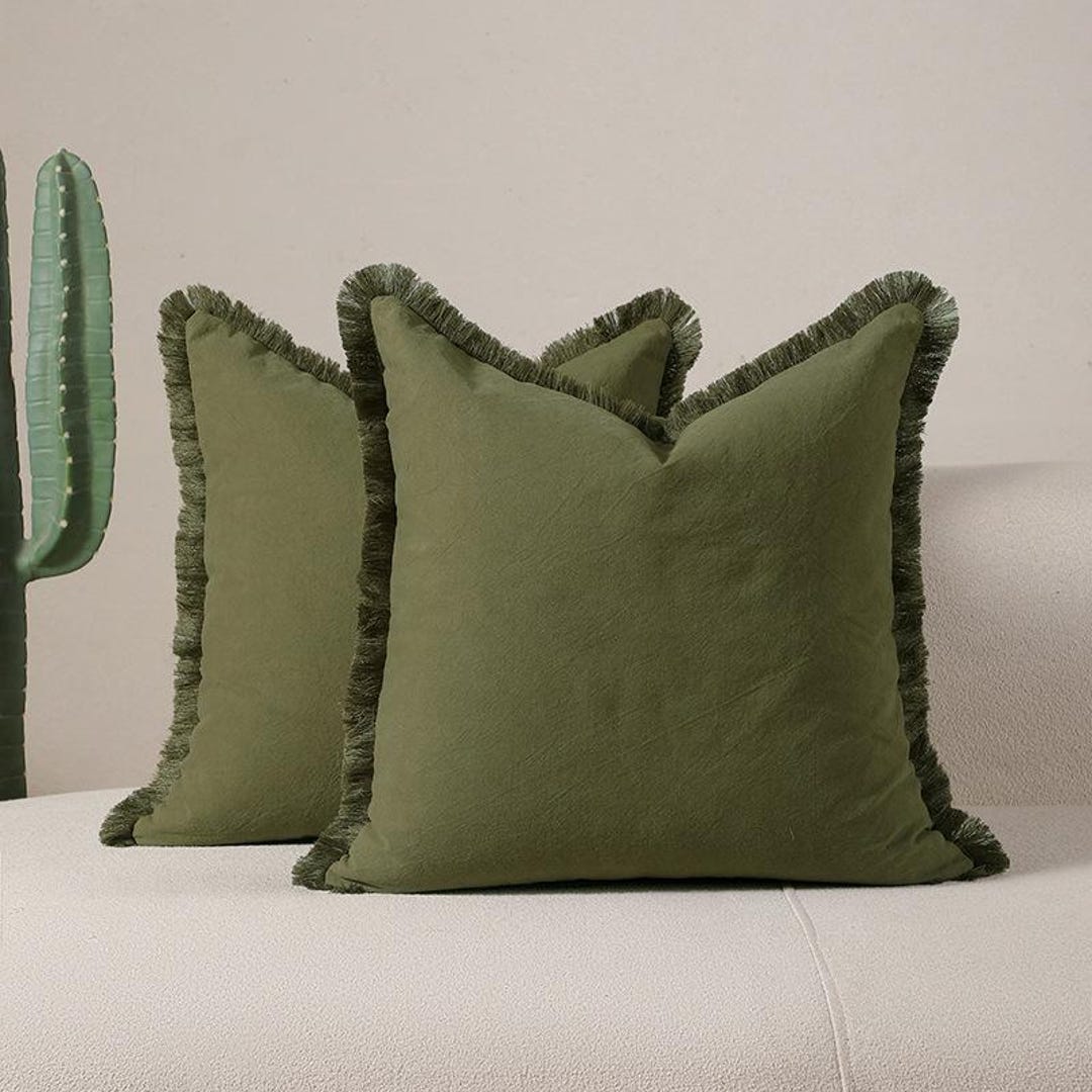 Green Fringe Cottage Style Linen Pillow Cover I French Decorative ...