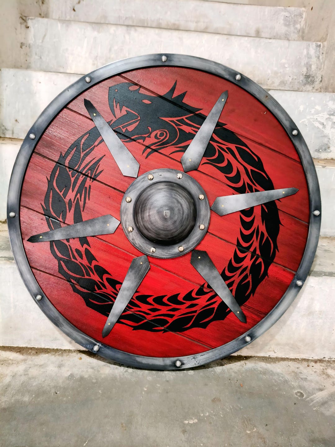 Handmade Viking Dragon Shield – Red & Black Wooden Round Shield With ...
