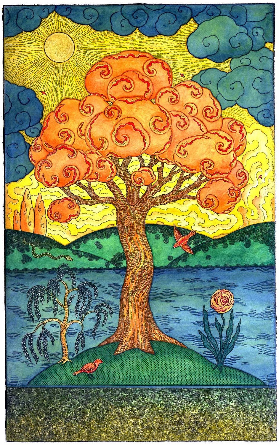 Tree of Happiness Hand Made 5 X 7 Blank Card, Archival Reproduction ...