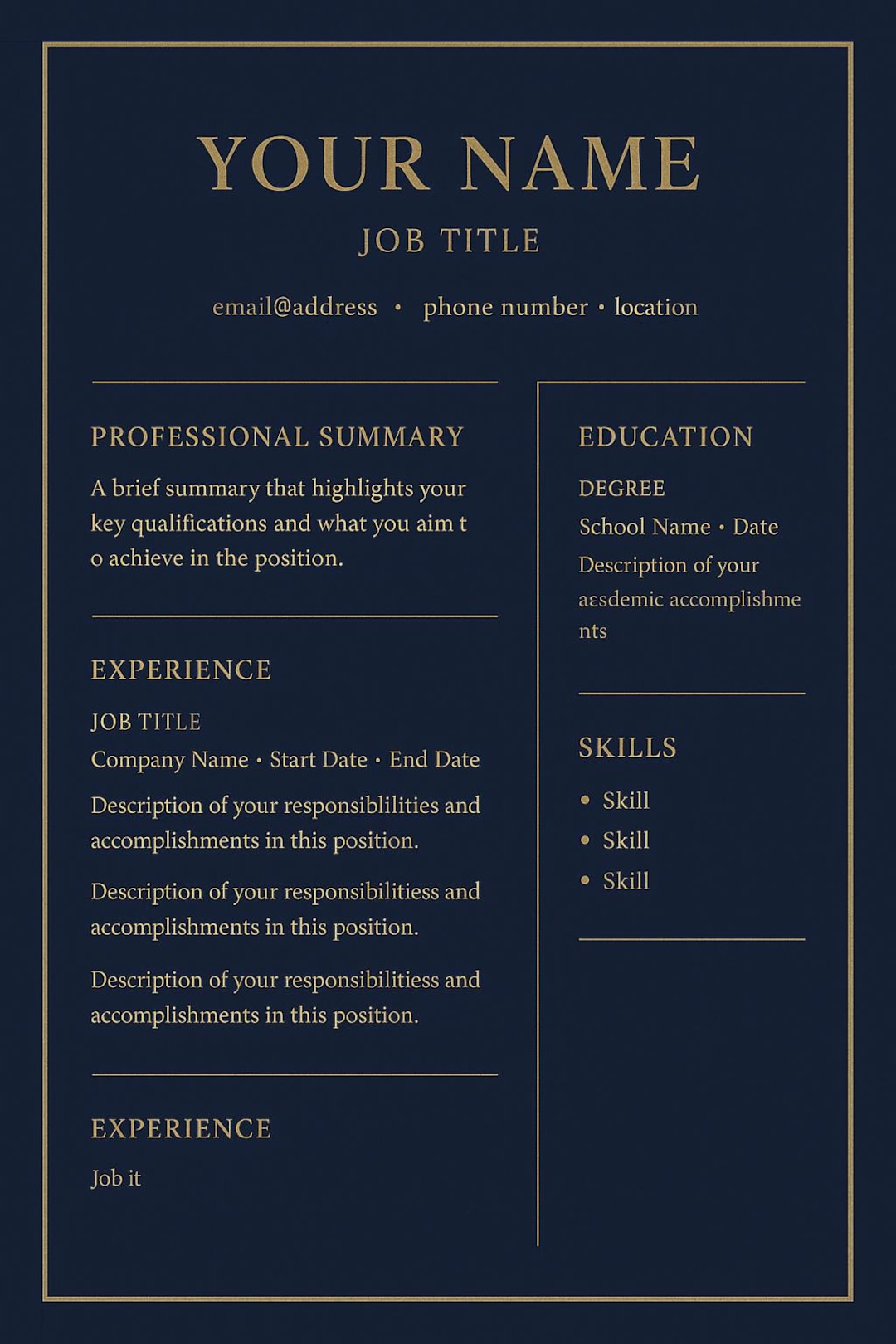 Royal Navy & Gold Resume Template | Elegant CV Design | Editable Canva ...
