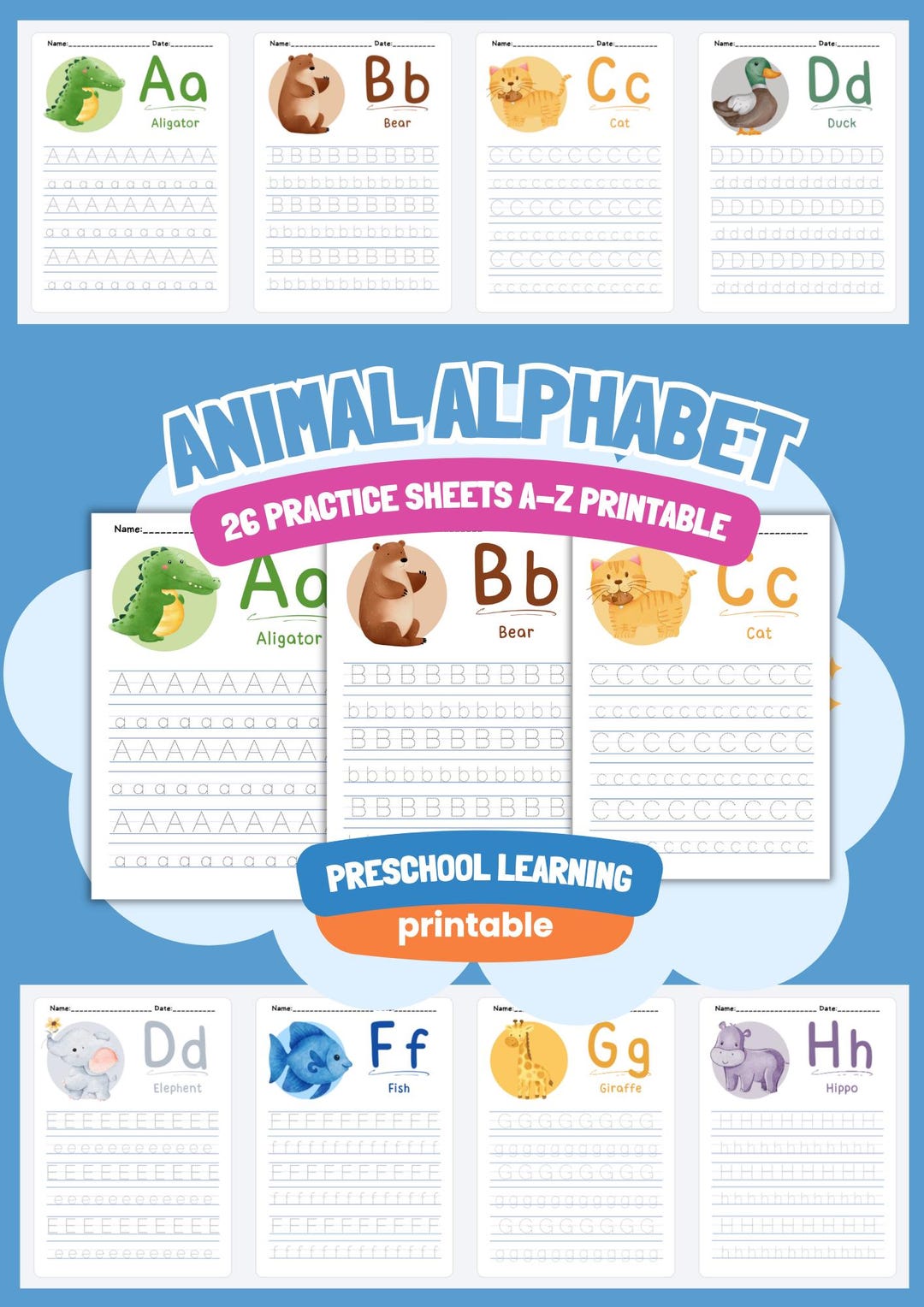 Animal Alphabet Tracing Worksheets A–Z for Preschool Uppercase ...