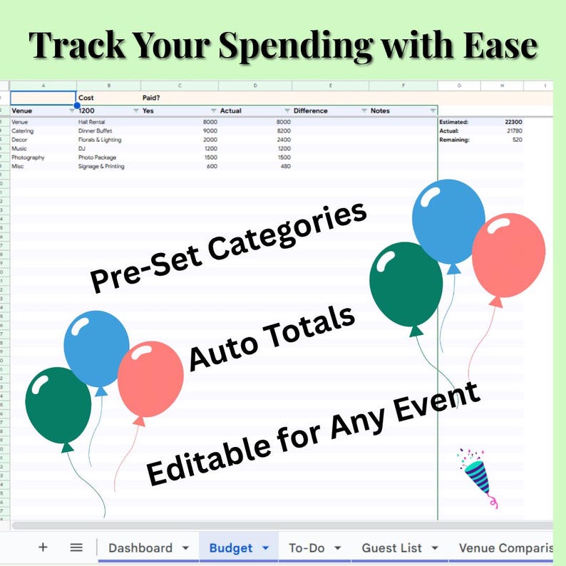 Event Planner Spreadsheet: Budget, Guest List, To-do (digital Download ...