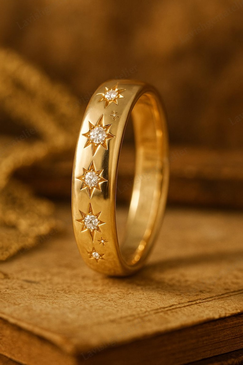 10K Gold Starburst Diamond Ring, Star Setting Celestial Ring, Gold Ring ...