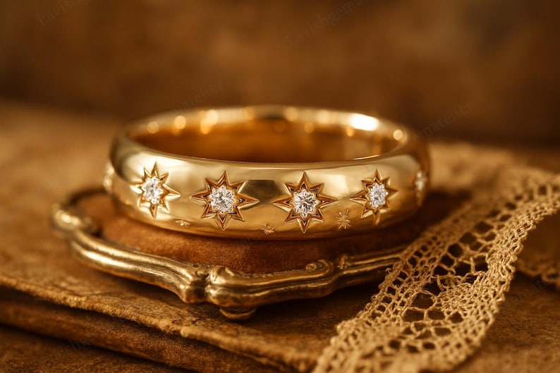 10K Gold Starburst Diamond Ring, Star Setting Celestial Ring, Gold Ring ...