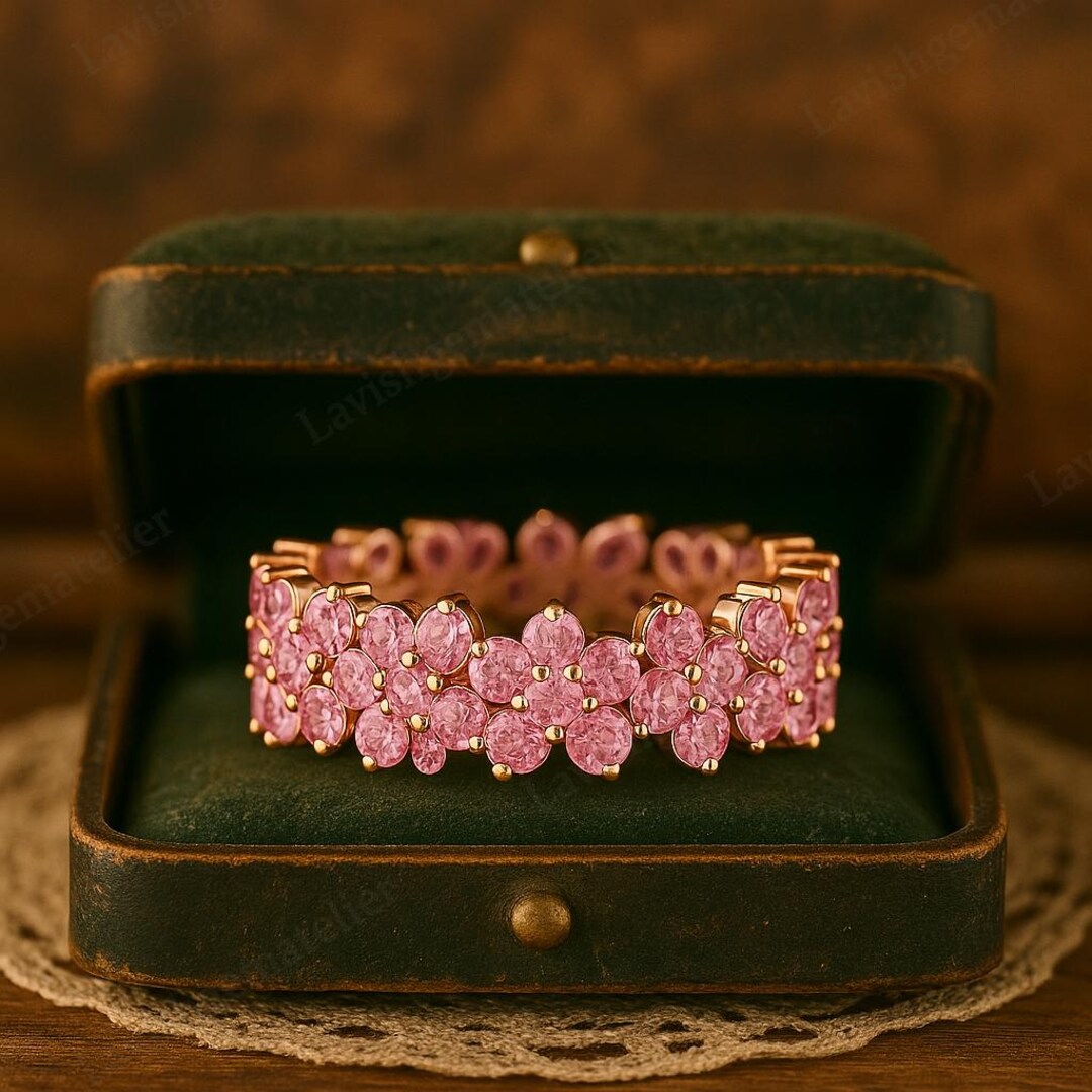 Pink Sapphire Flower Eternity Band | 14K Gold Floral Wedding Ring ...