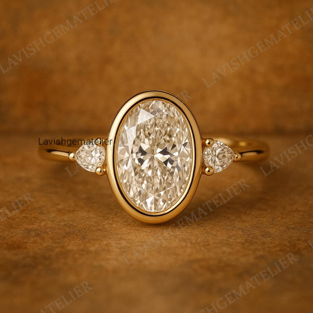 Oval Bezel Set Engagement Ring 3 CT Oval Cut Moissanite Ring 14K Gold ...