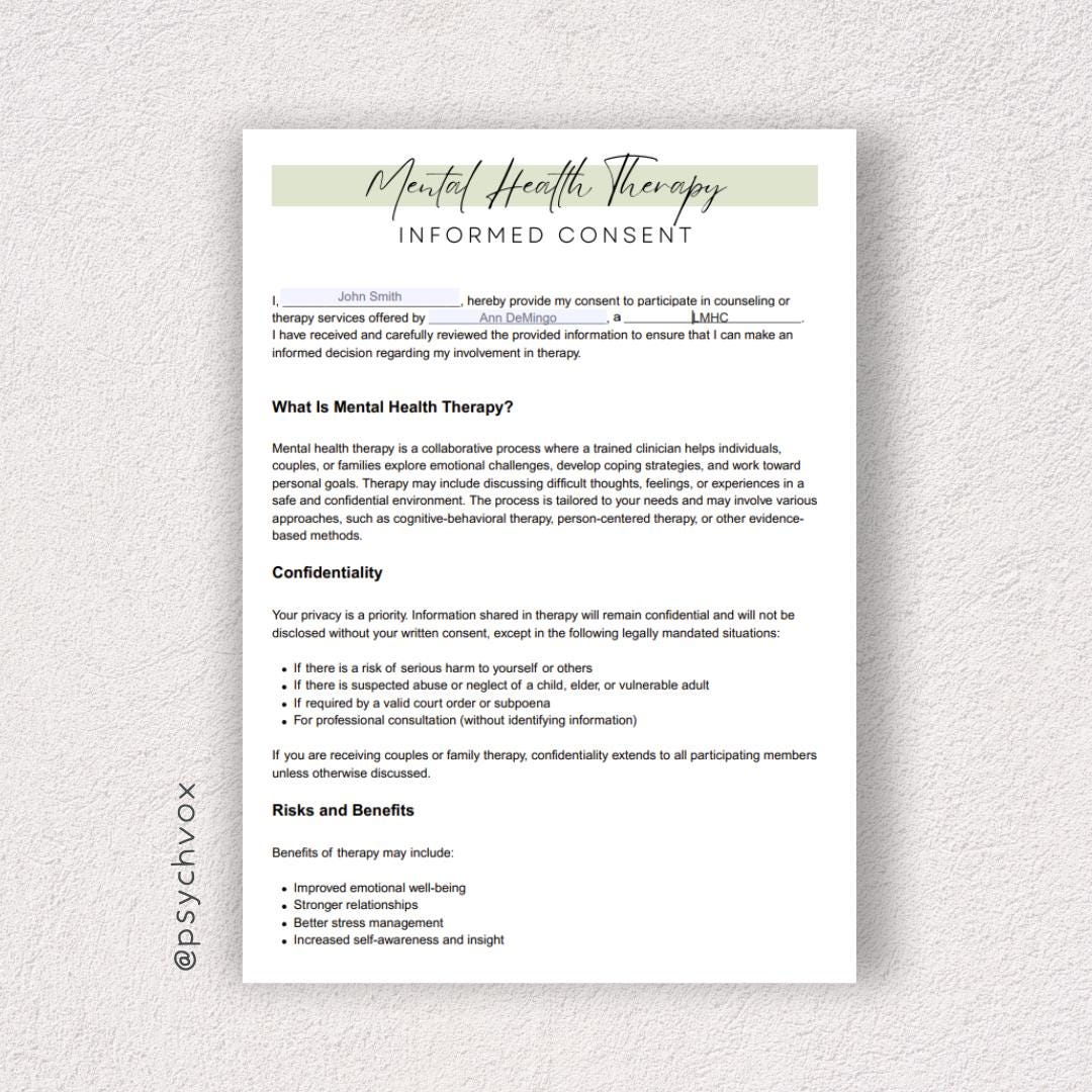 Informed Consent Form for Mental Health Therapy (fillable PDF) - Etsy