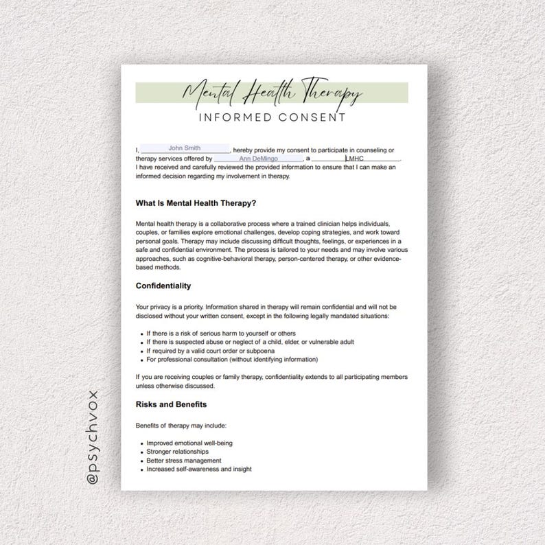 Informed Consent Form for Mental Health Therapy (fillable PDF) - Etsy